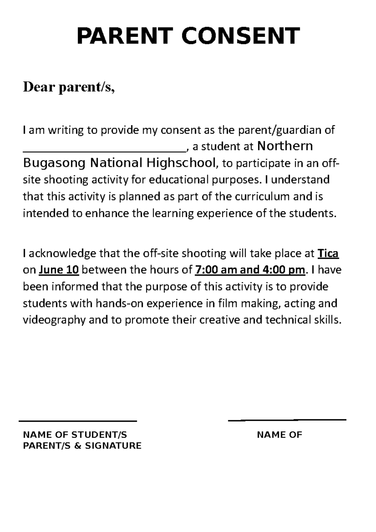 Parent Consent - obvious naman sa title dba? - PARENT CONSENT Dear ...