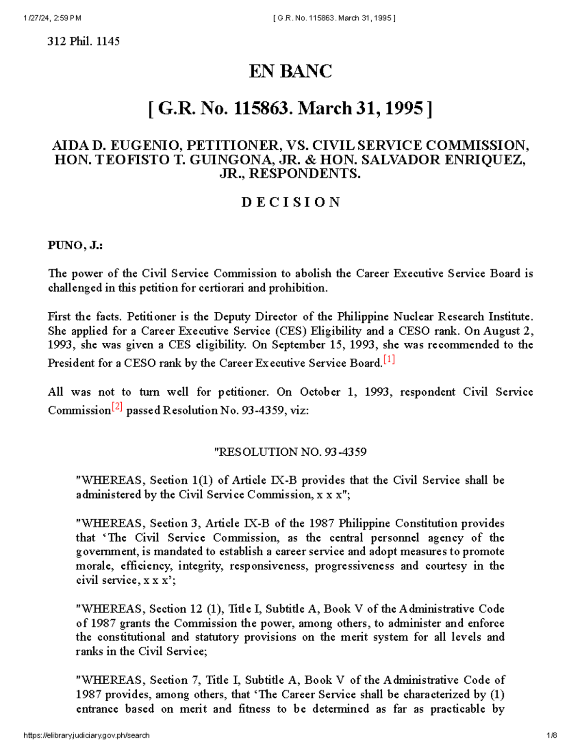 05. eugenio vs, csc - Full Case - 312 Phil. 1145 EN BANC [ G. No ...