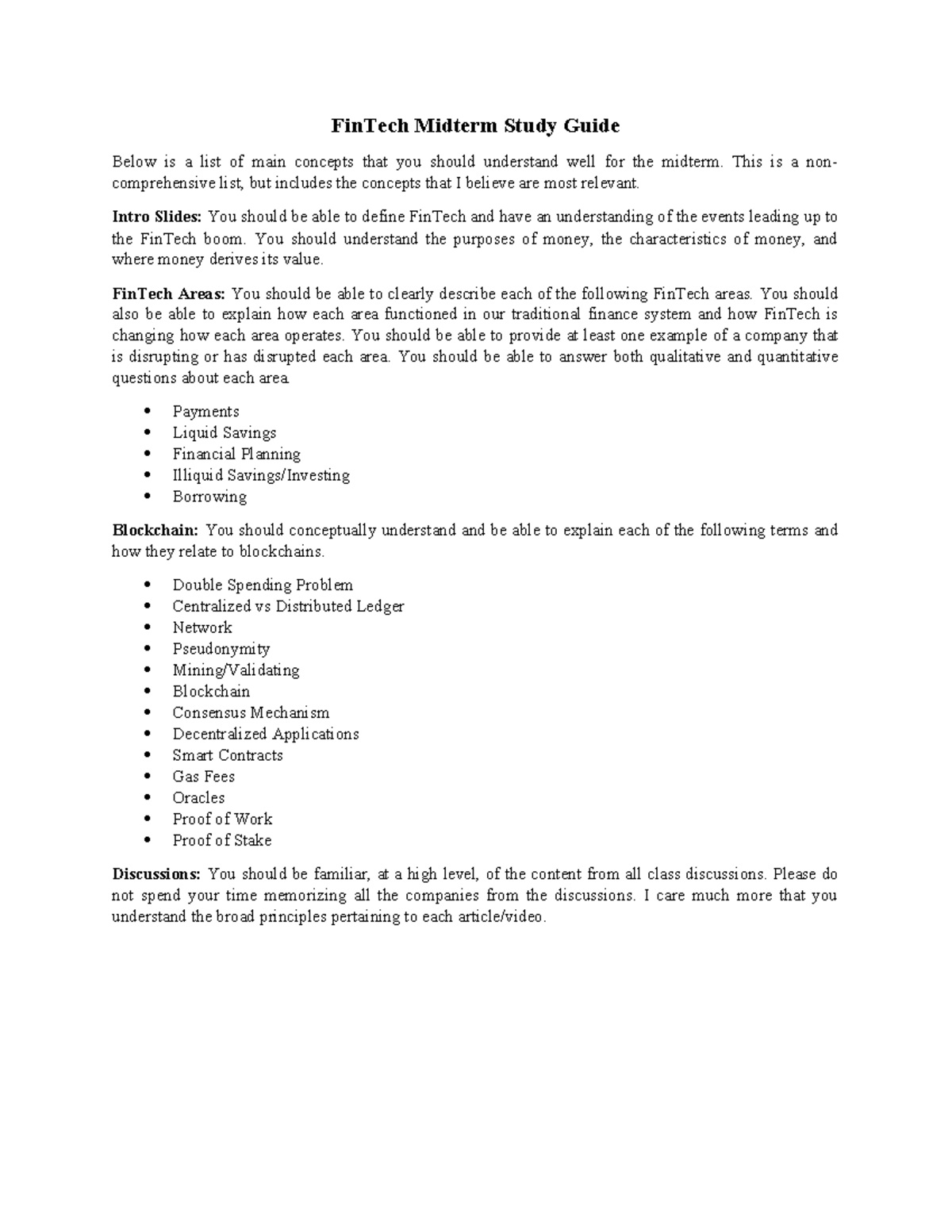 Fin Tech Midterm Study Guide - FinTech Midterm Study Guide Below is a list of main concepts that ...