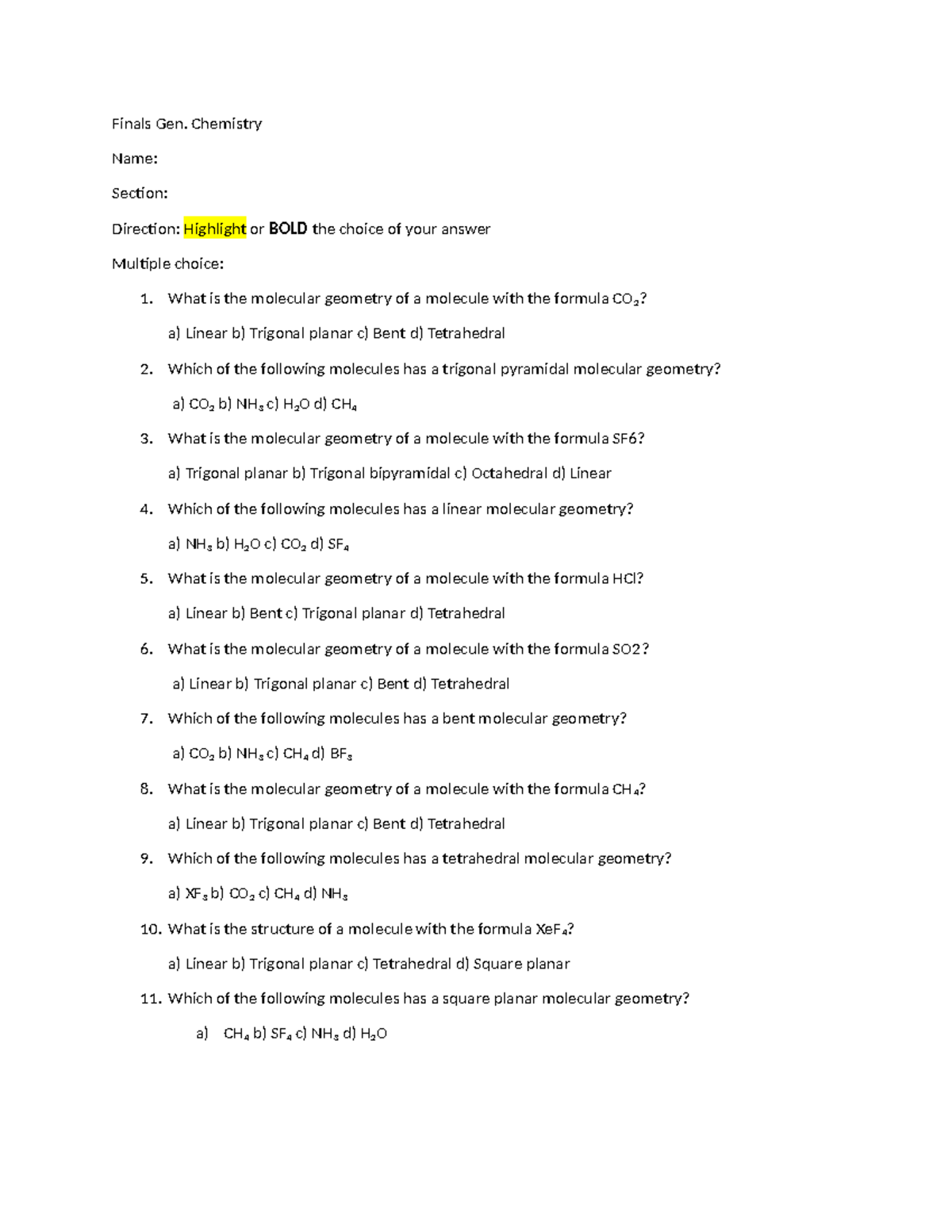 Finals Gen Chem-v2 - Finals Gen. Chemistry Name: Section: Direction ...