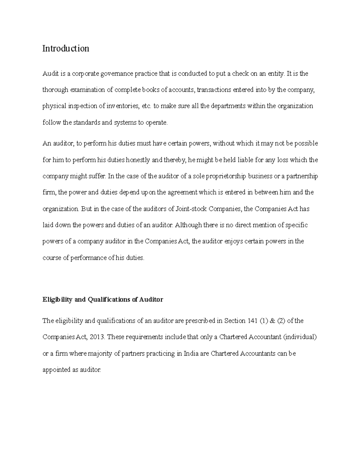 Role of auditor - project - Introduction Audit is a corporate ...