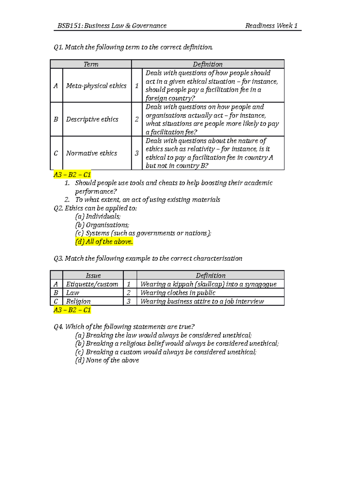Logic E452 MHB67 - BSB151: Business Law & Governance Readiness Week 1 ...