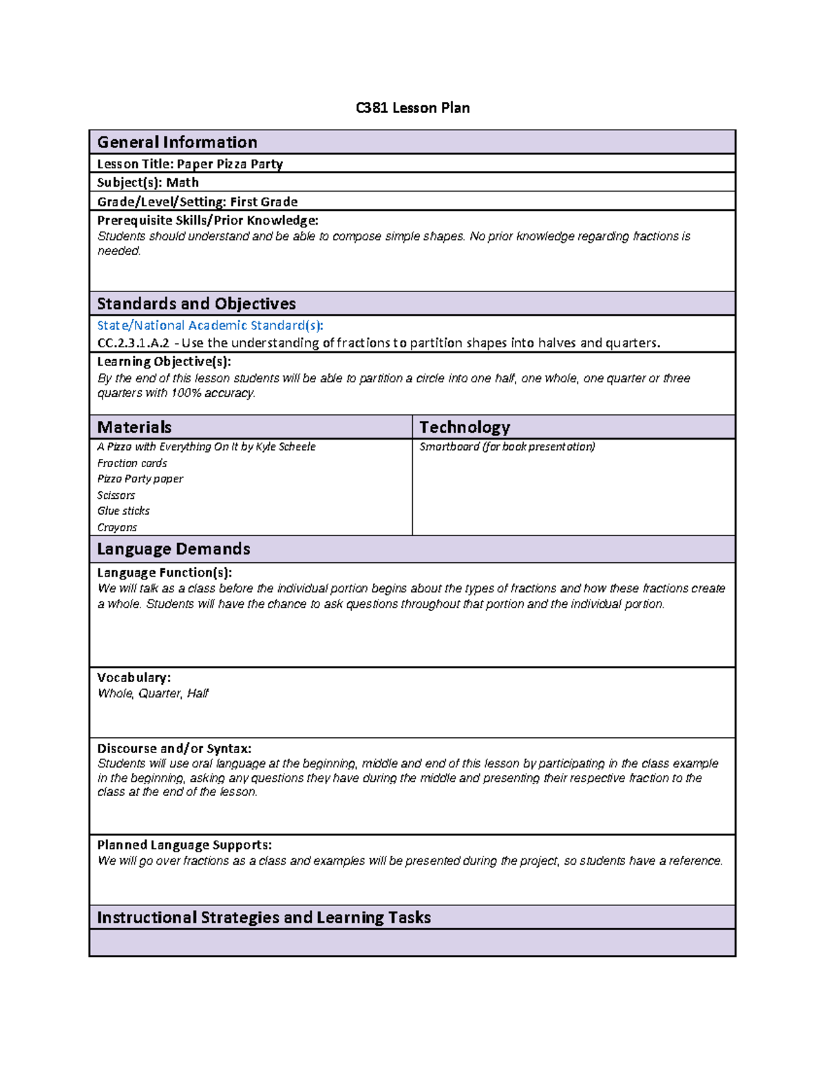 C381 Task1 - C381 Task 1 pass on first attempt - C381 Lesson Plan General Information Lesson ...