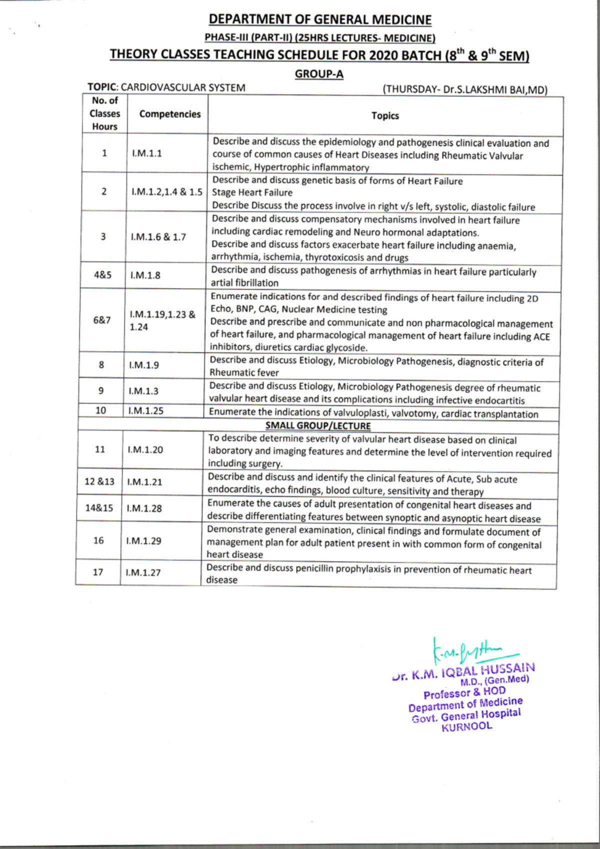 Medicine Theory Class Teaching Schedule - DEPARTMENT OF GENERAL ...