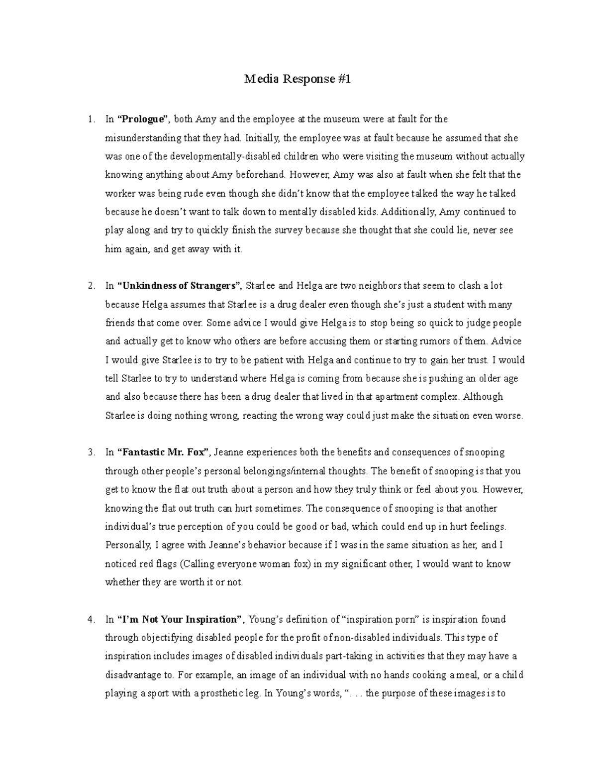 Media Response 1 - Media Response In “Prologue”, both Amy and the ...