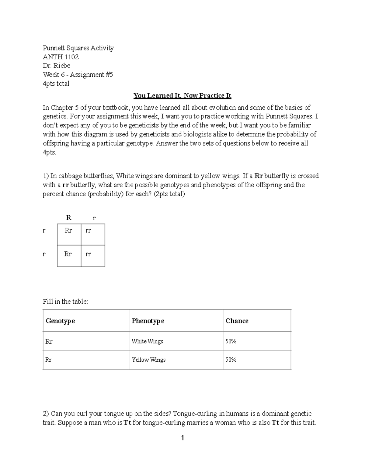 ANTH1102 Punnet Squares HW PDF - Punnett Squares Activity ANTH 1102 Dr ...