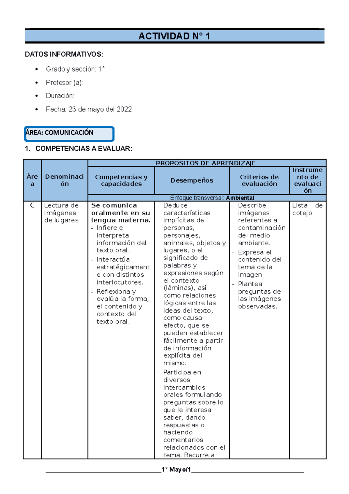 1 Lectura DE Imágenes DE Lugares - ACTIVIDAD N° 1 DATOS INFORMATIVOS: Grado y sección: 1° - Studocu