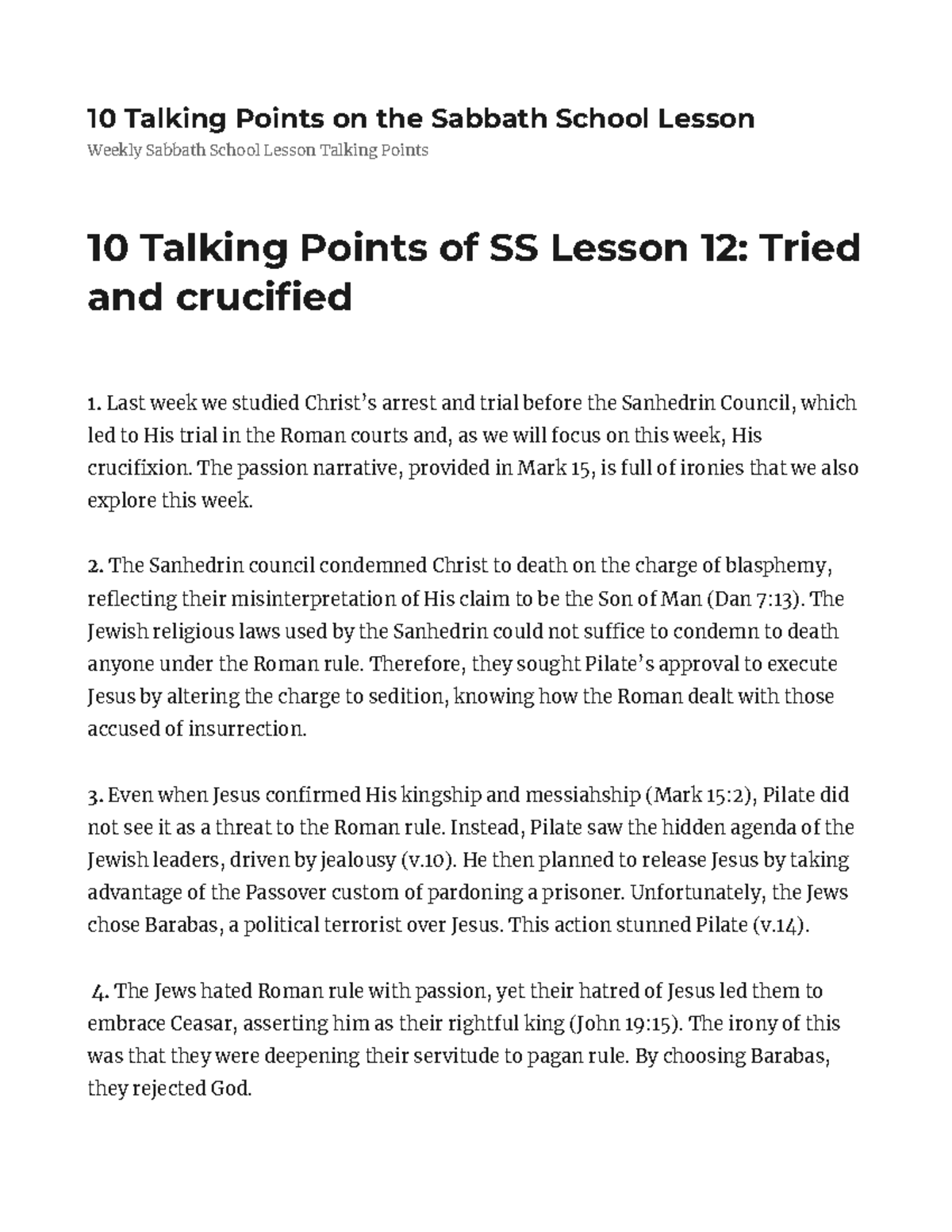 10 Talking Points on the Sabbath School Lesson – Weekly Sabbath School ...