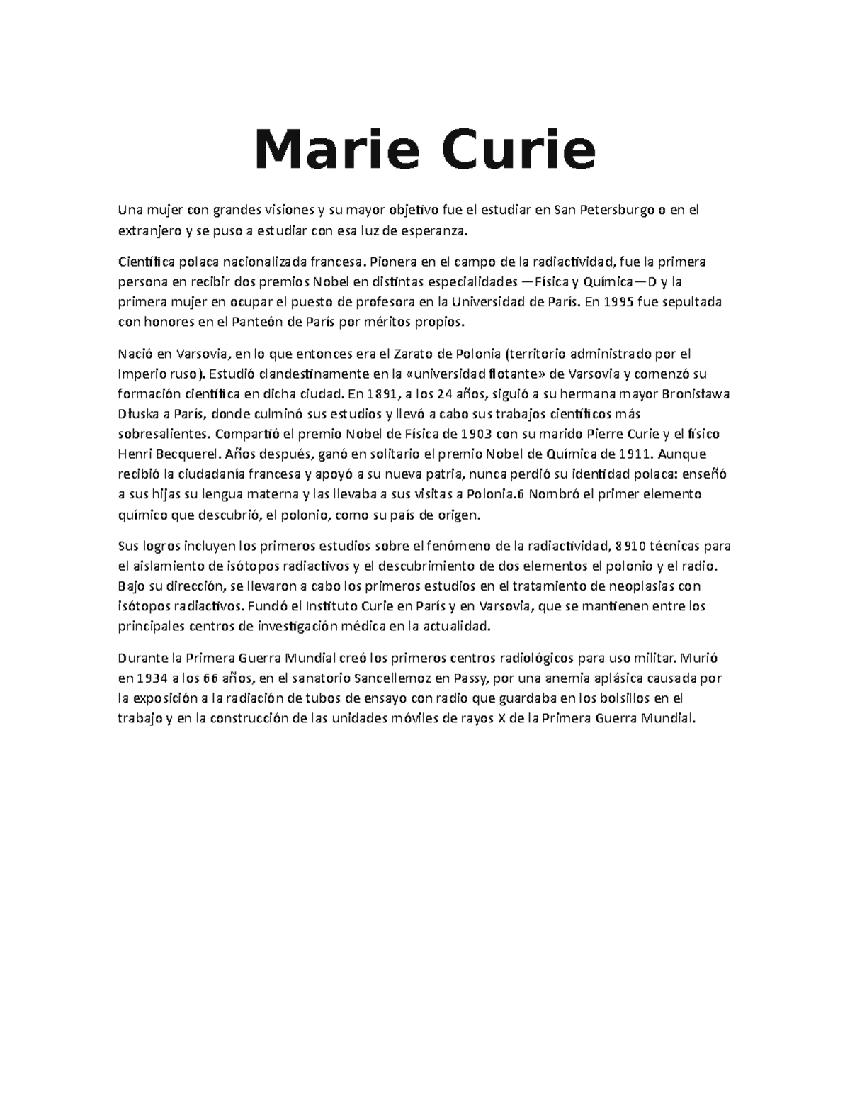 Marie Curie - Lecture notes 1 - Marie Curie Una mujer con grandes ...