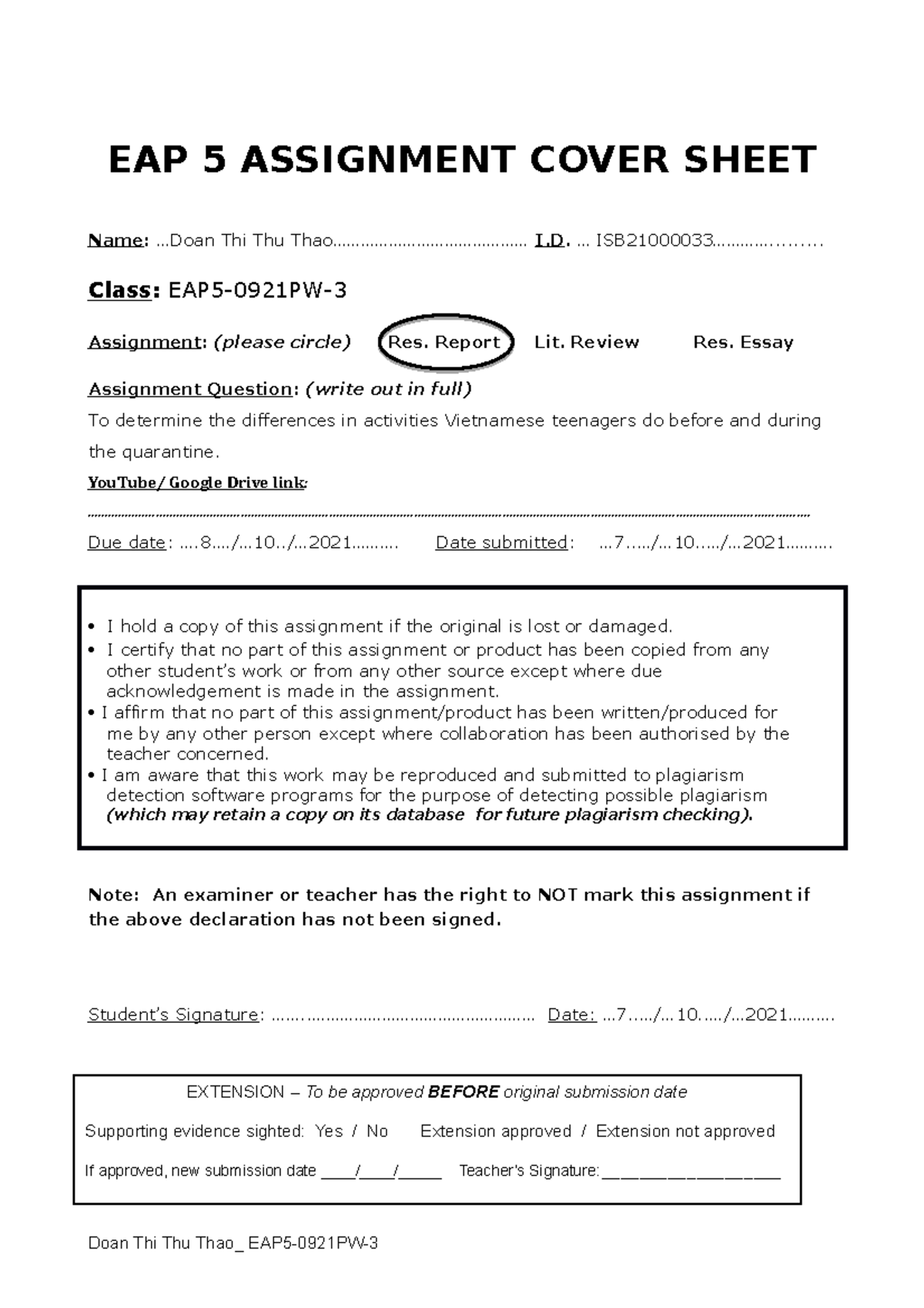 [EAP5-0921PW-3] Research Report Doan Thi Thu Thao draft - EAP 5 ASSIGNMENT COVER SHEET Name ...