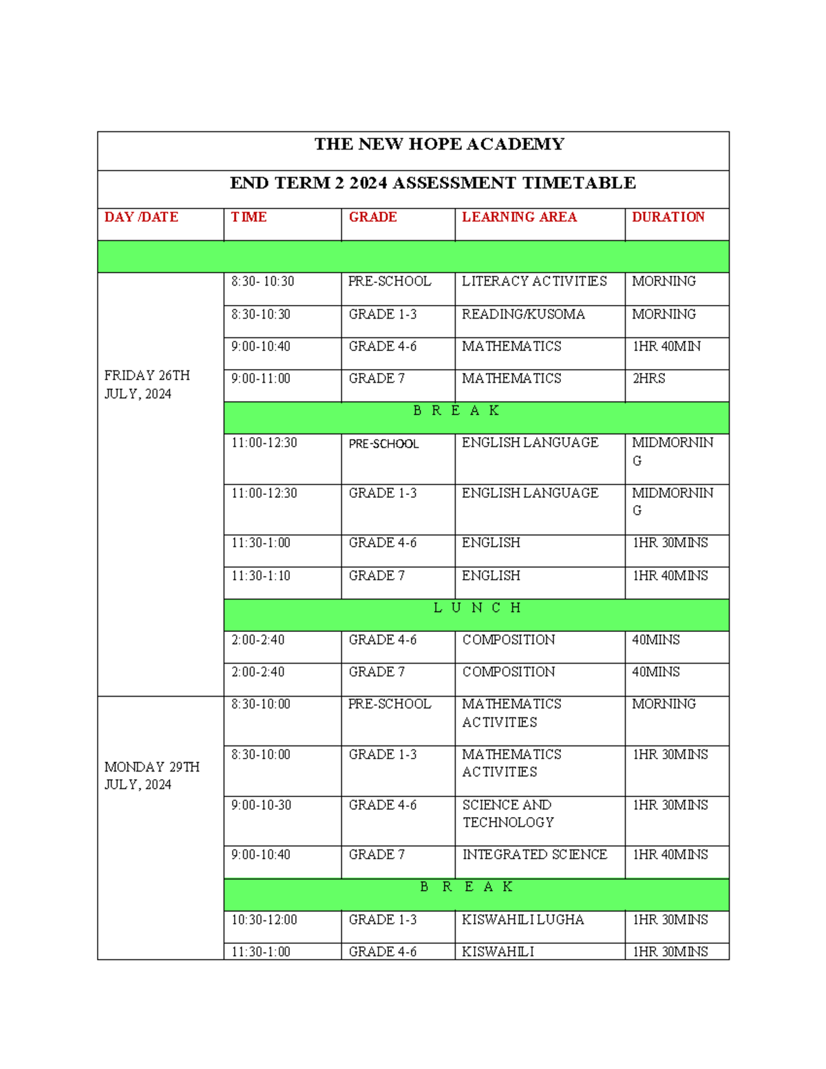 Endterm 2 exam timetable - THE NEW HOPE ACADEMY END TERM 2 2024 ...