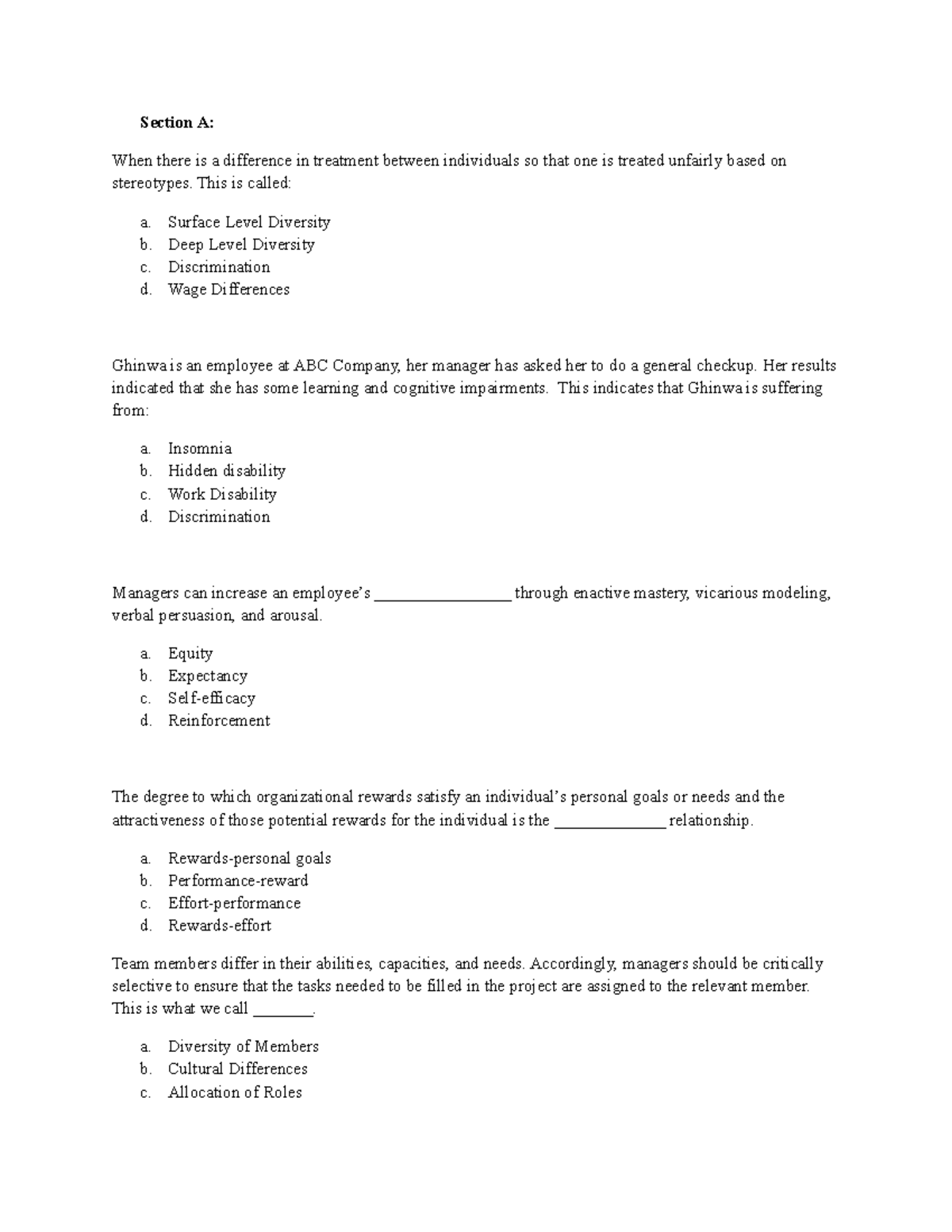 Sample OB Final - Organizational behavior course notes and practice ...
