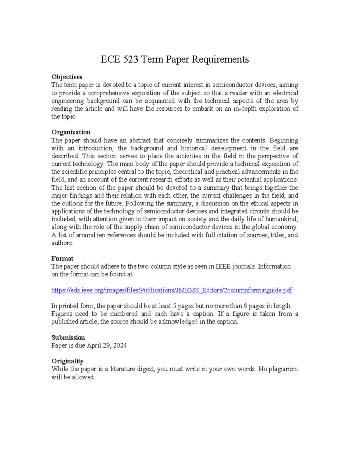 ECE 523 Term Paper Format - ECE 523 Term Paper Requirements Objectives ...