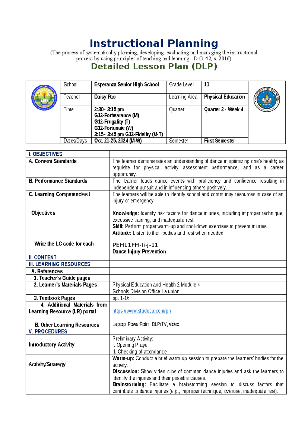 DLP-PE12 Q2 W4 - Physical Education 12 Detailed Lesson Plan ...