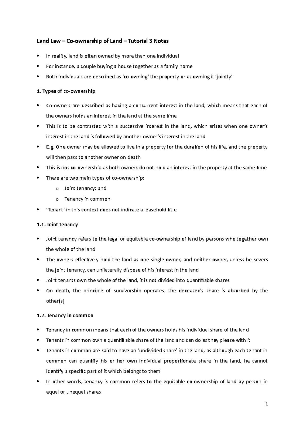 Land Law - Co-ownership of Land - Tutorial 3 - Land Law – Co-ownership ...
