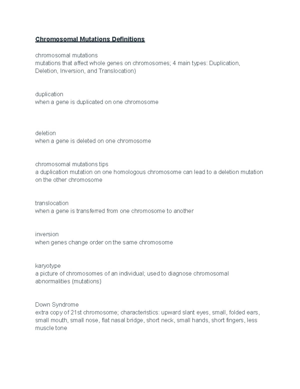Chromosomal Mutations Definitions - Google Docs - Chromosomal Mutations ...