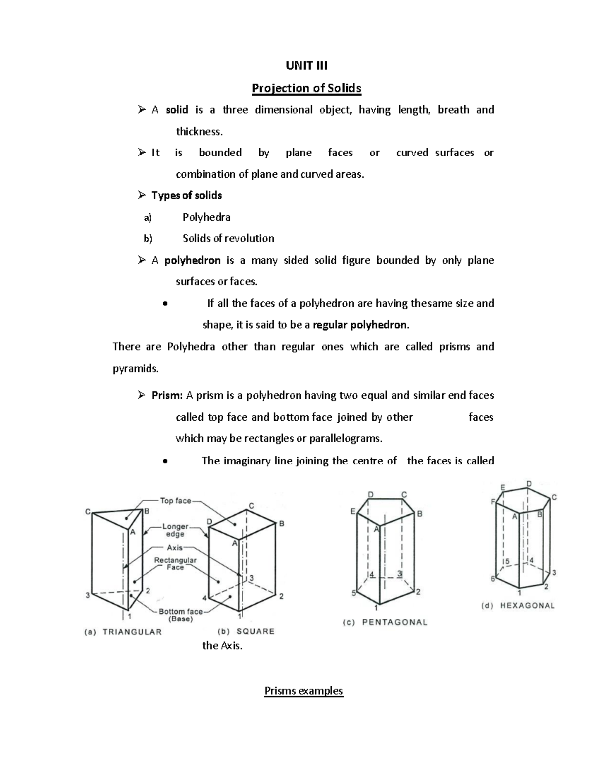 UNIT III EG - Very brief introduction to the projection of solids - UNIT III Projection of ...
