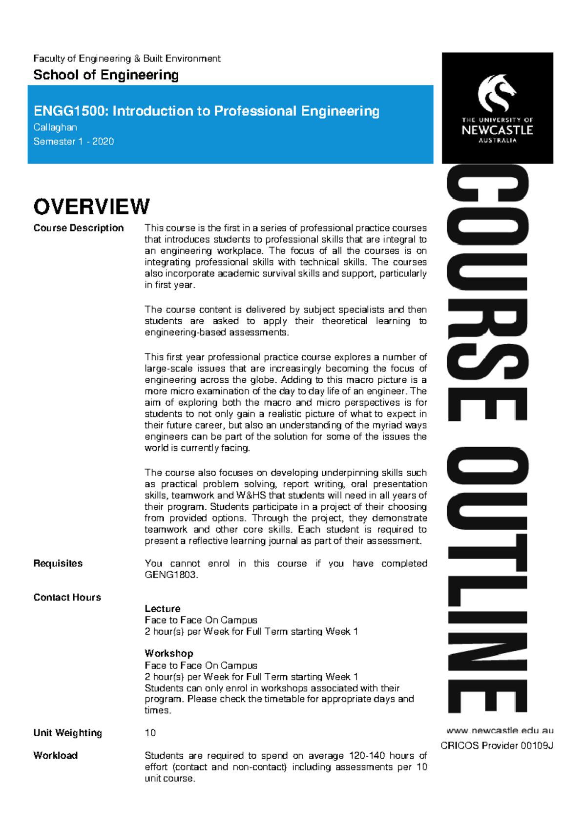 ENGG1500 Course Outline Sem 1 2020 - Faculty of Engineering & Built ...