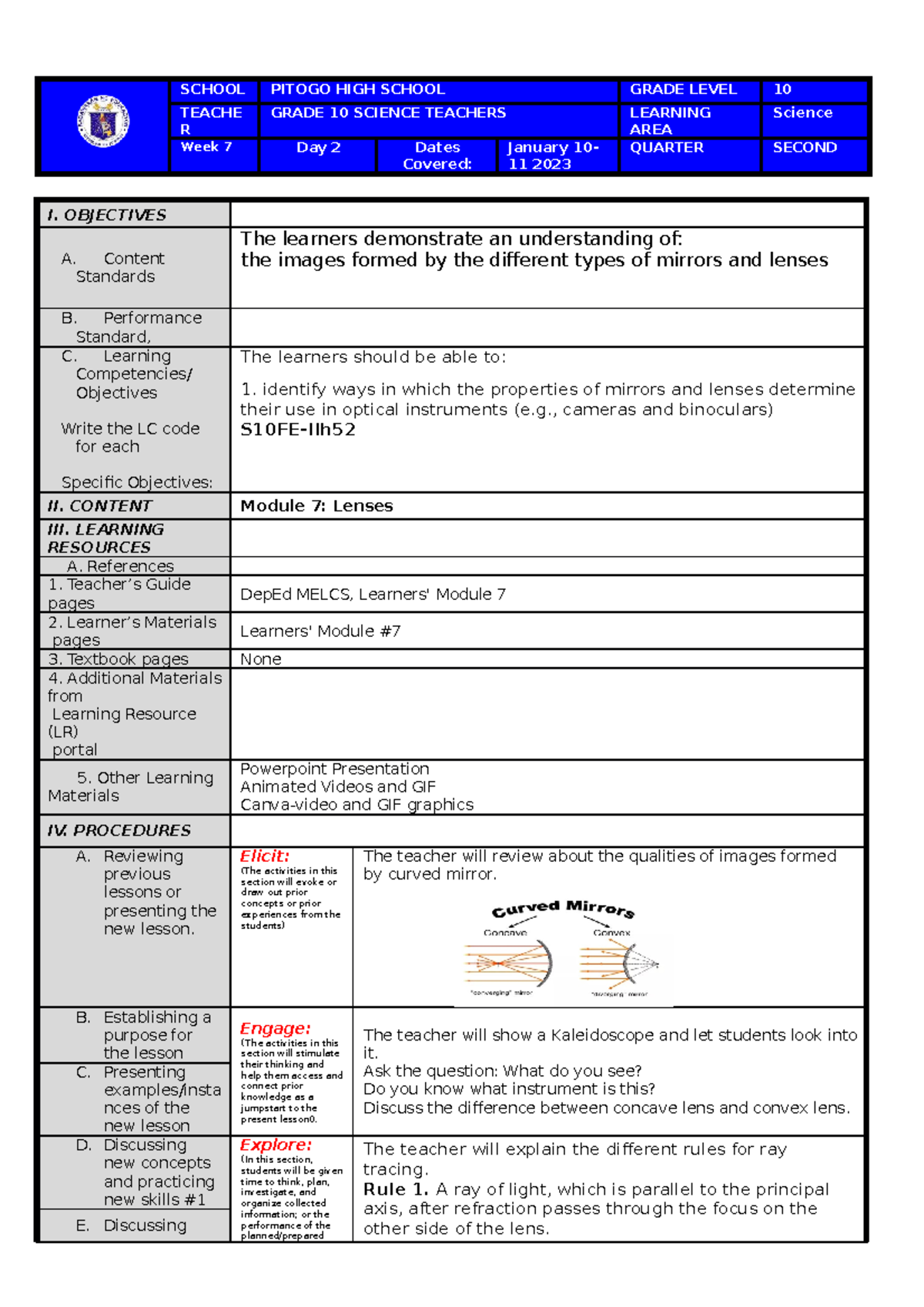 Q2 M7 lenses - SCHOOL PITOGO HIGH SCHOOL GRADE LEVEL 10 TEACHE R GRADE ...