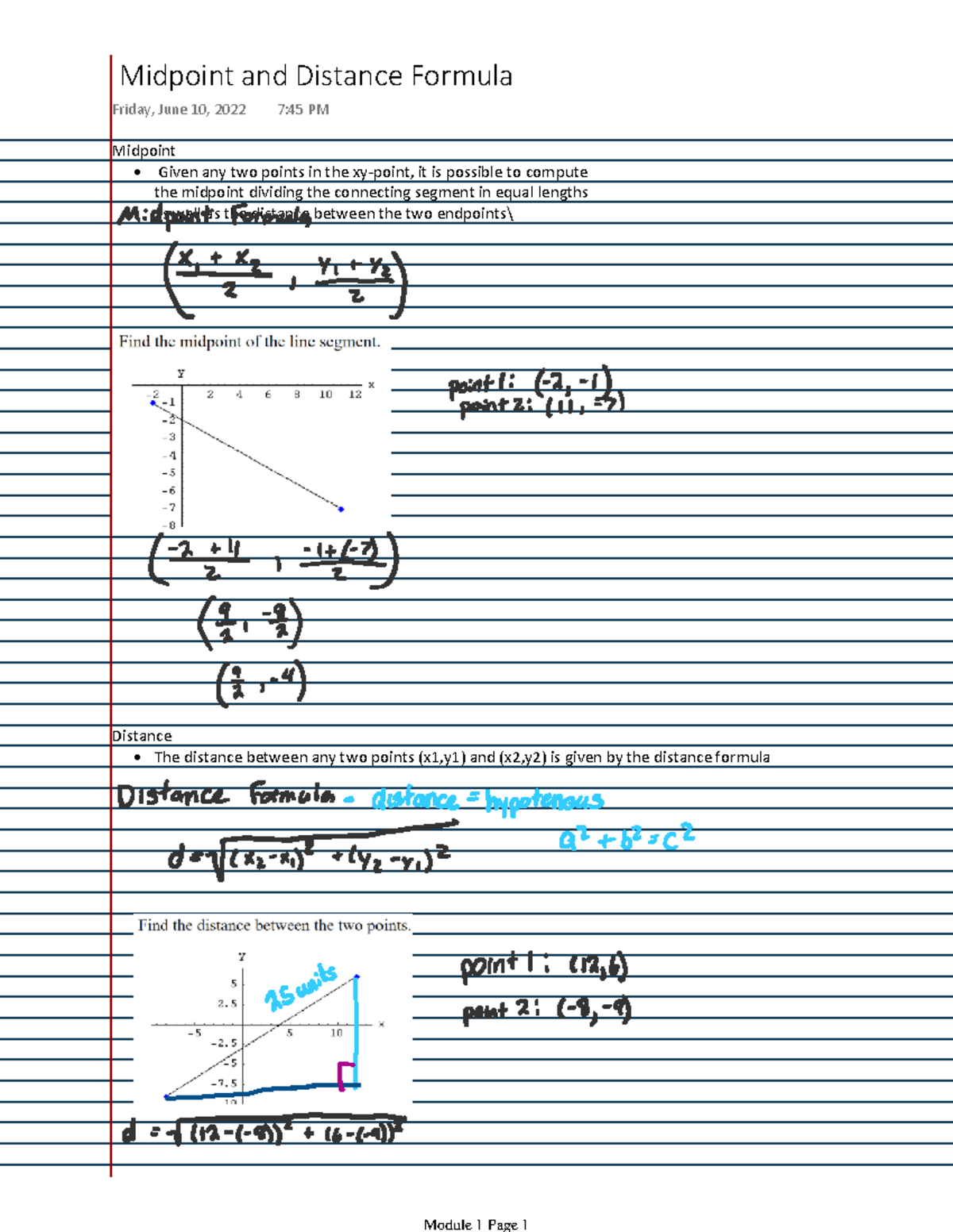Module 1- College Algebra - Midpoint Given any two points in the xy ...
