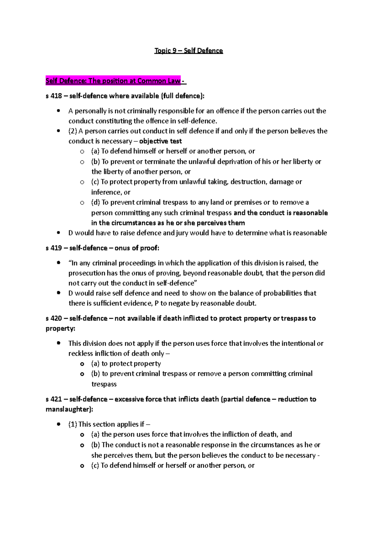 Topic 9 – Self Defence - LPAB lecture notes - Topic 9 – Self Defence ...