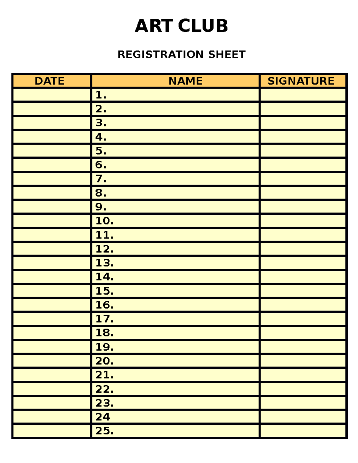 Registration AND Attendance Sheet - ART CLUB REGISTRATION SHEET DATE ...