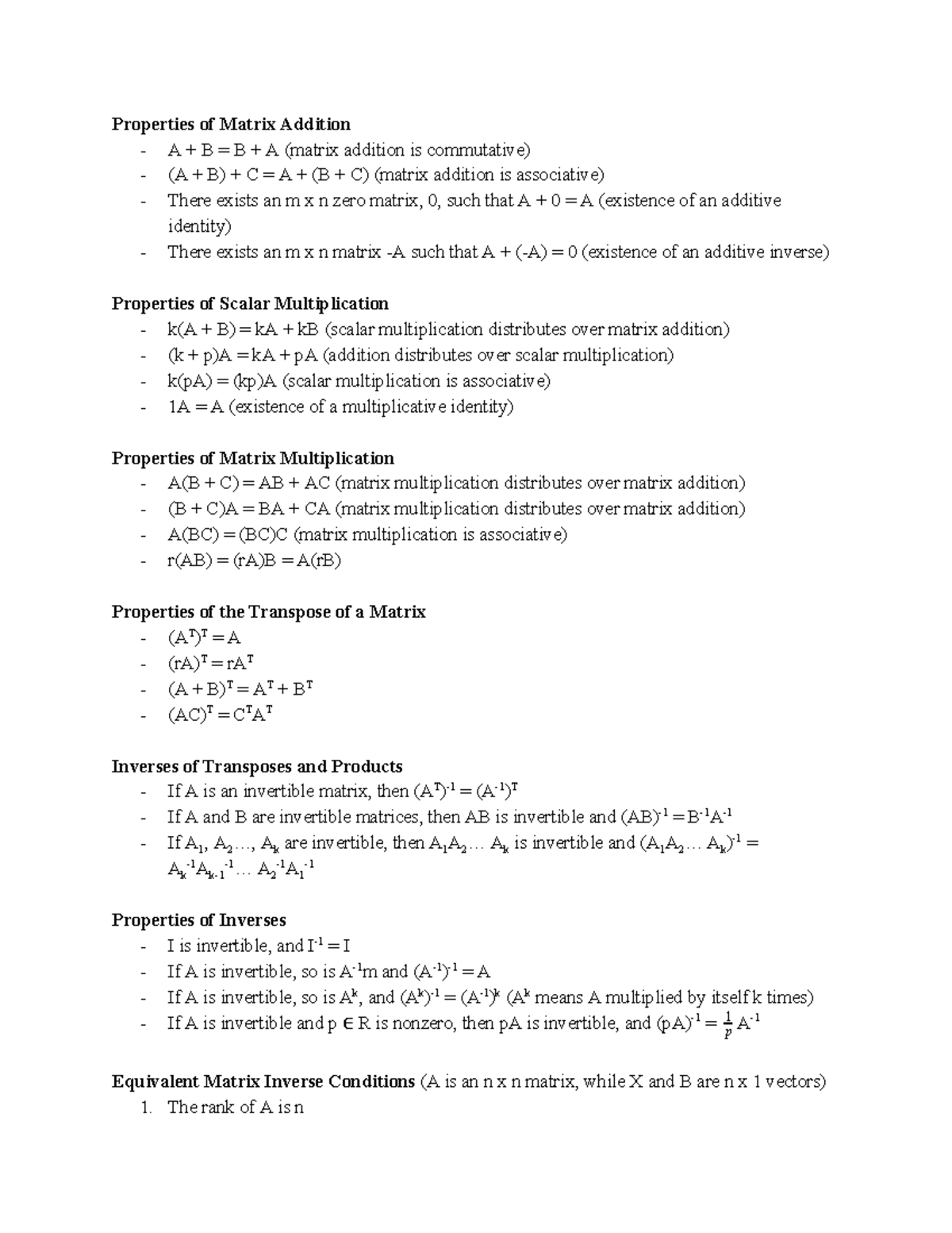 Properties Summary (Chapter 1 and 2) - Properties of Matrix Addition ...