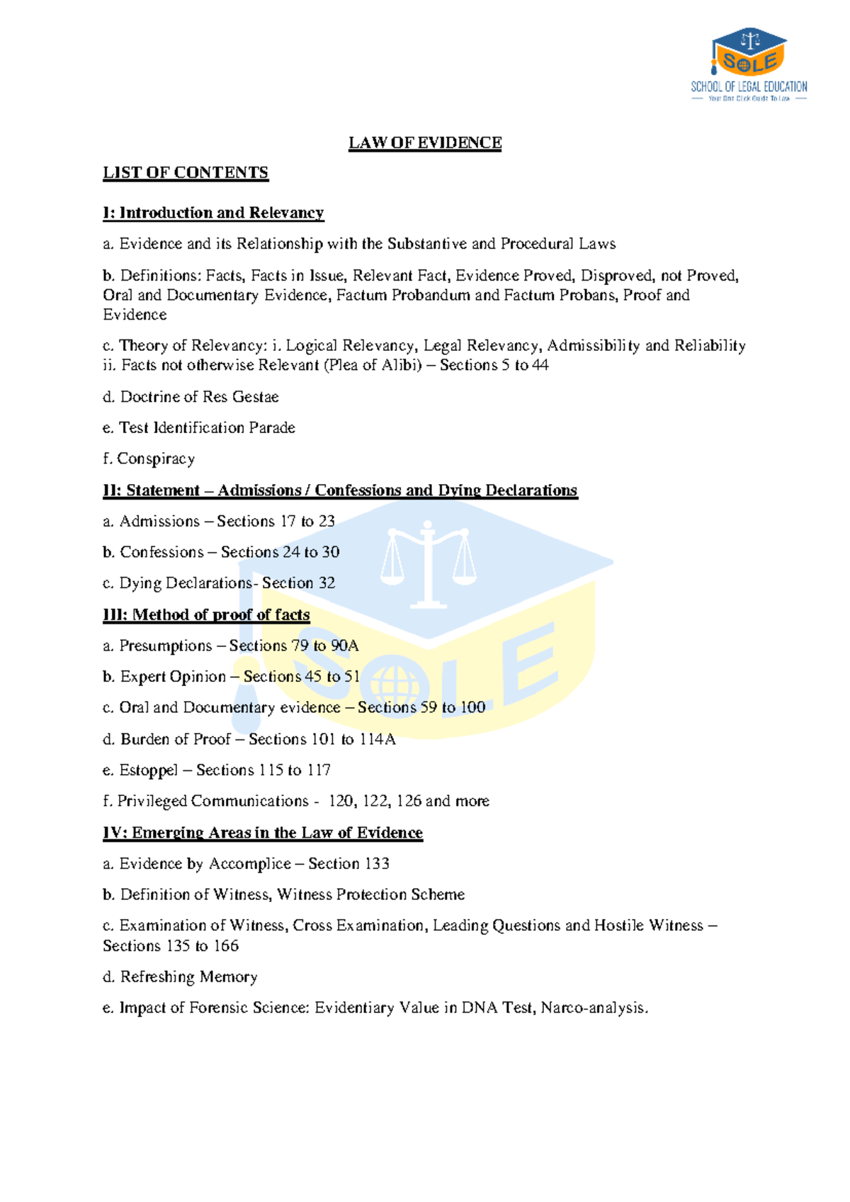 614077548 Evidence Study Material - LAW OF EVIDENCE LIST OF CONTENTS I ...