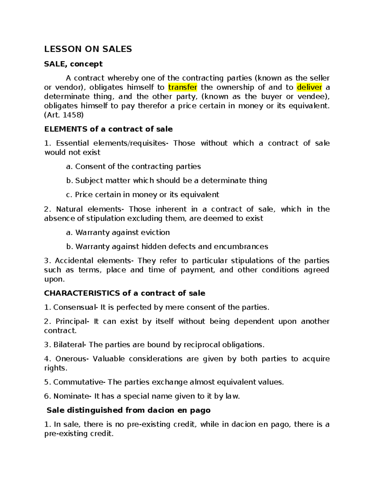Sales- Lesson-1 - lecture - LESSON ON SALES SALE, concept A contract ...