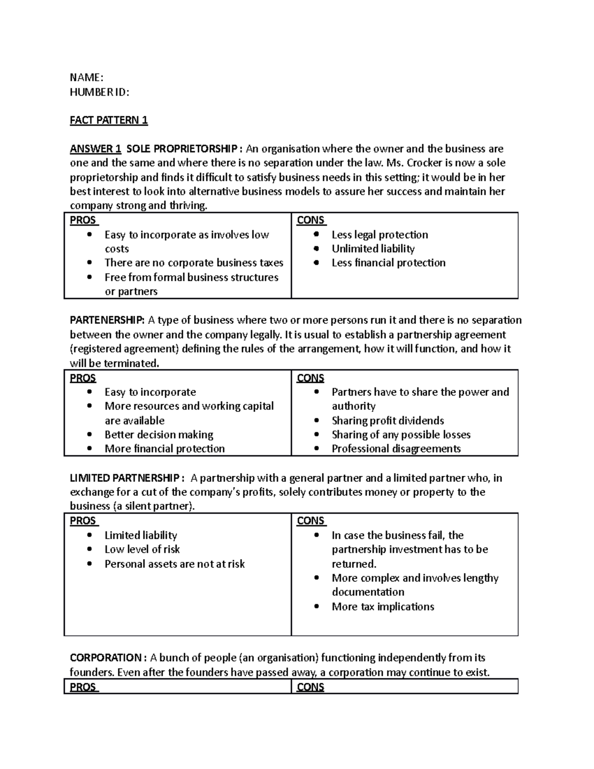 NAME - business law - NAME: HUMBER ID: FACT PATTERN 1 ANSWER 1 SOLE ...