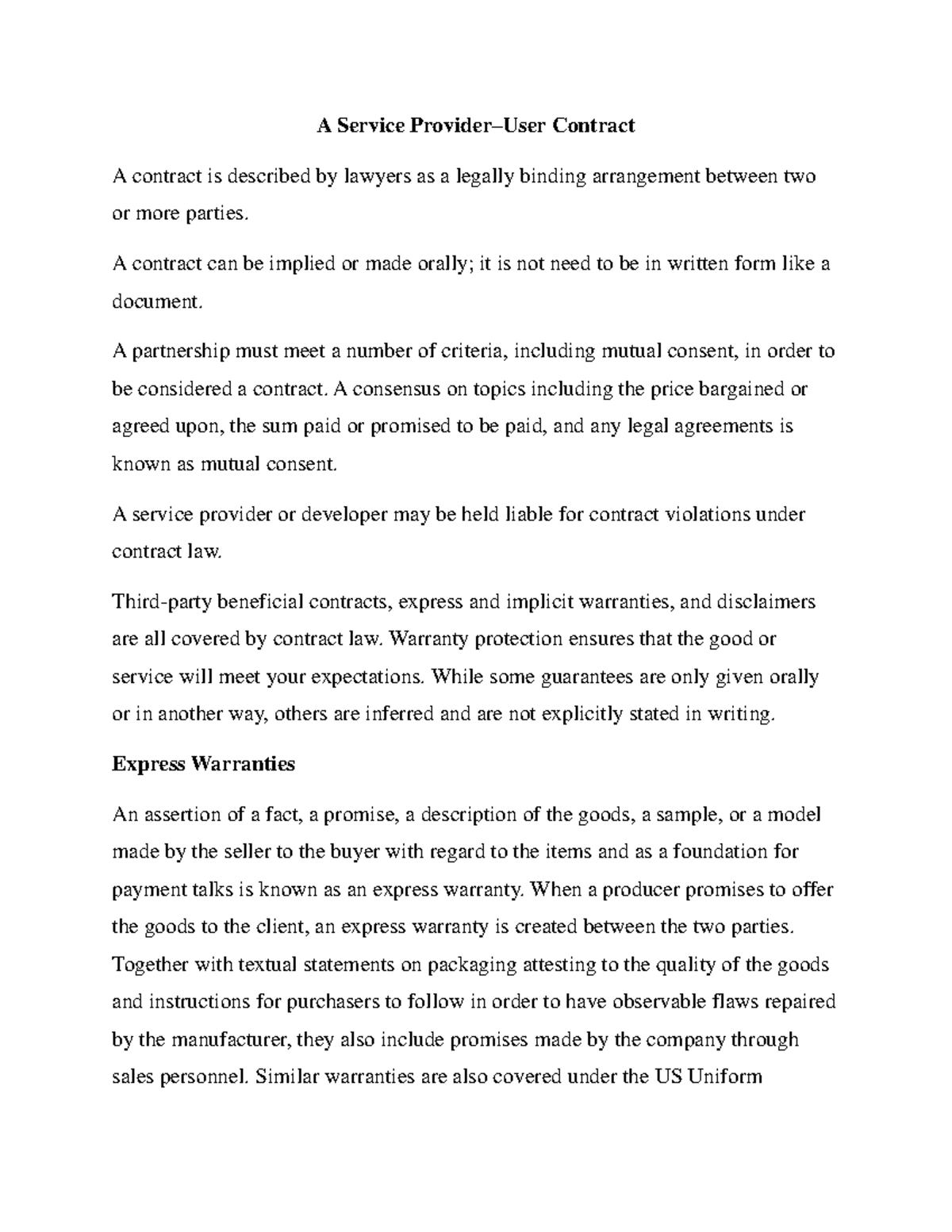 A Service Provider - A Service Provider–User Contract A contract is ...