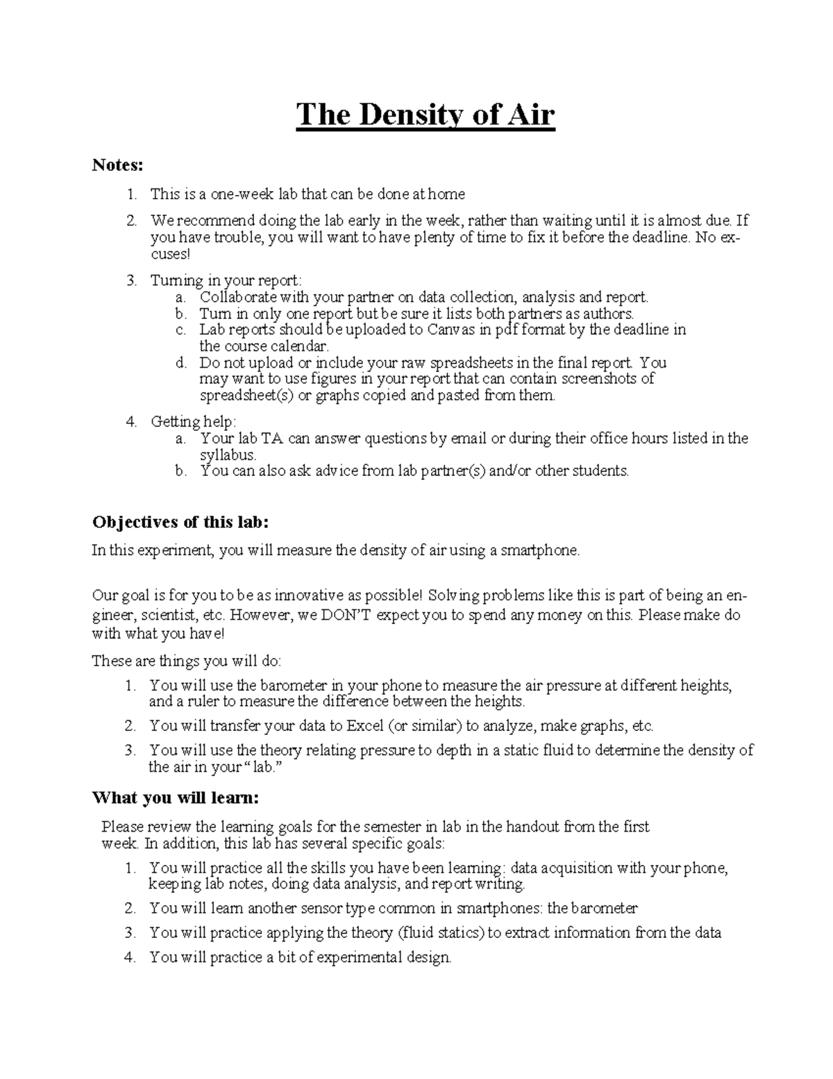 Density of Air - Lab reports for Mechanics 15200 - The Density of Air ...