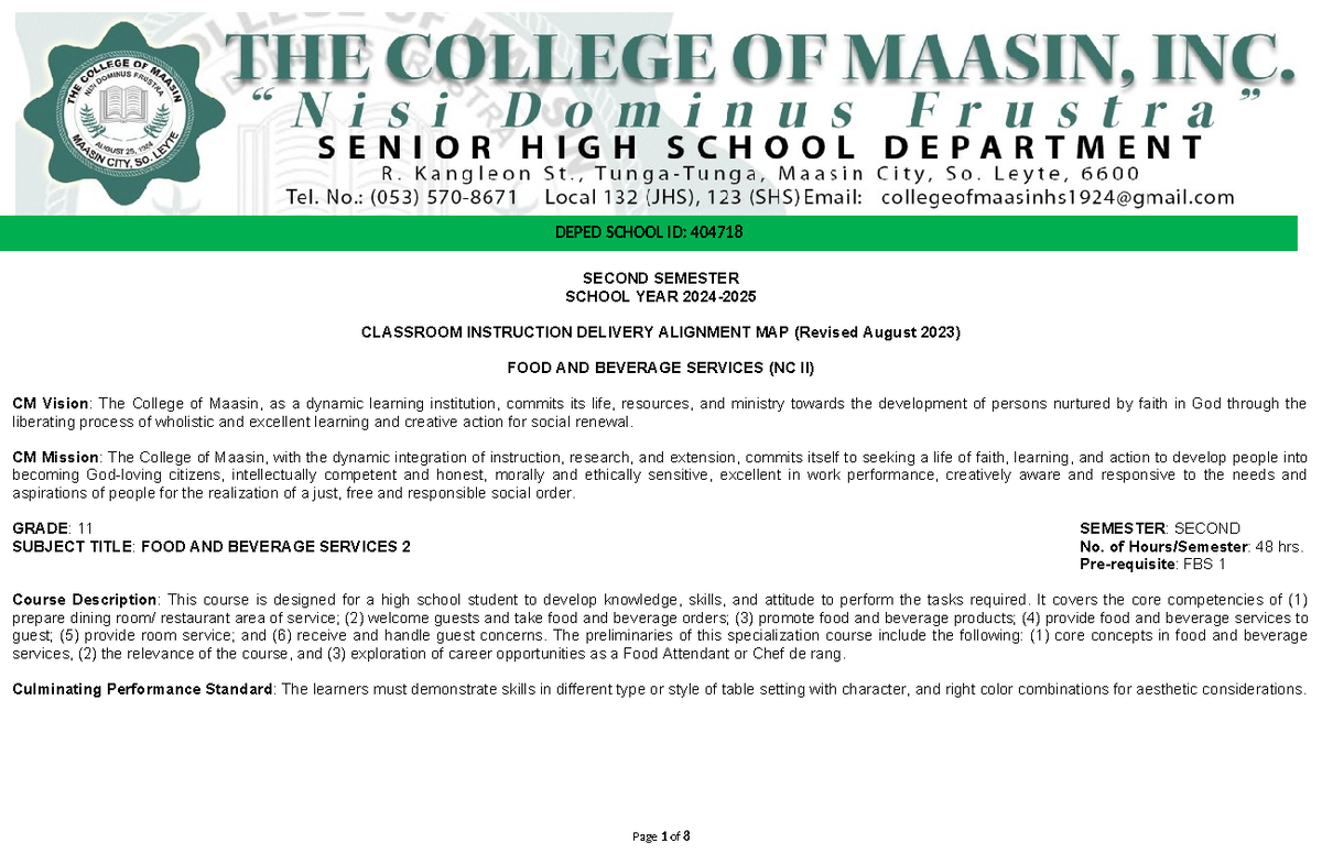 Cidam-FBS2 - Classroom Instruction Delivery Alignment Map for Food and ...