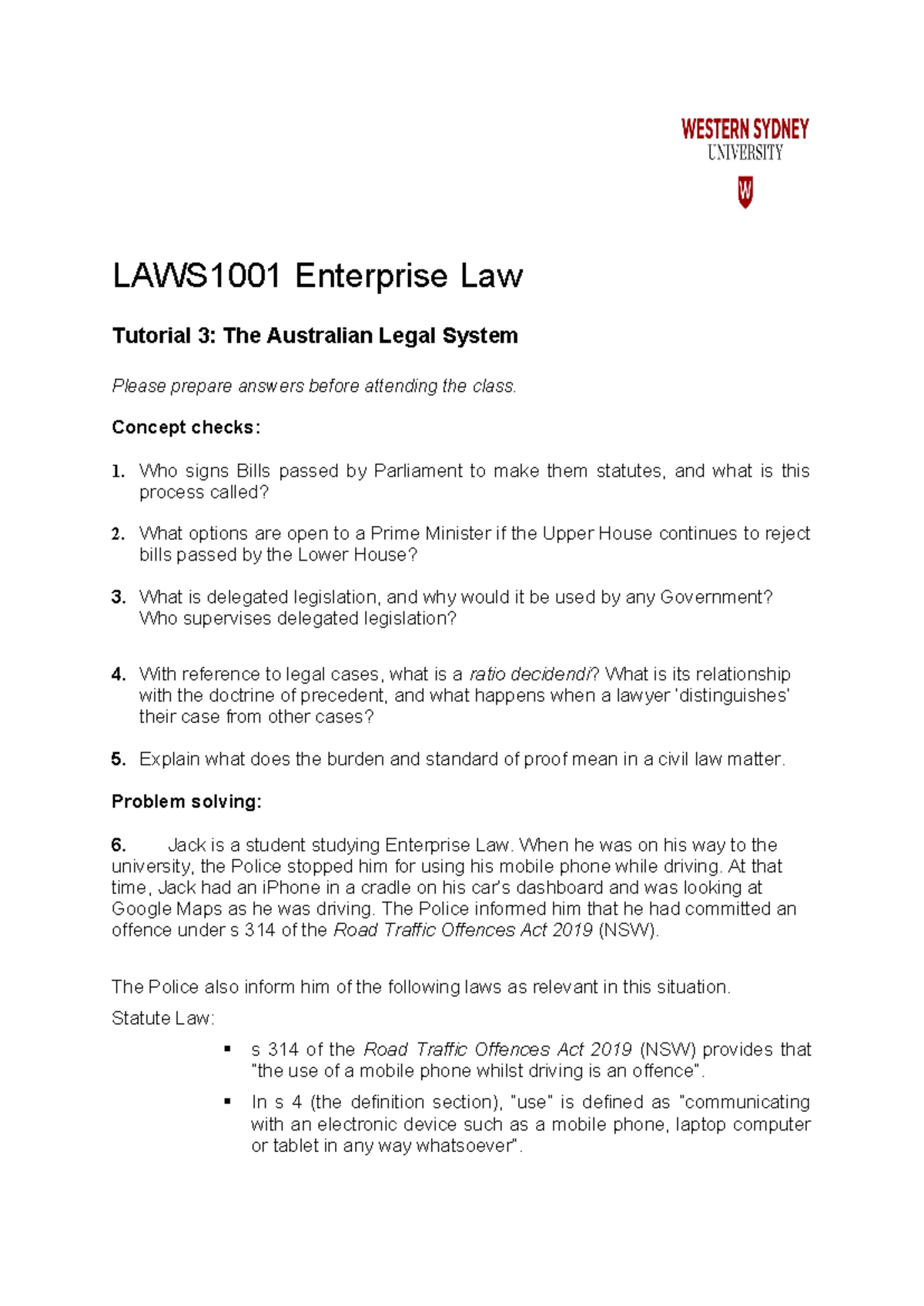 Tutorial 3(10) - leature 3 notes - LAWS1001 Enterprise Law Tutorial 3 ...