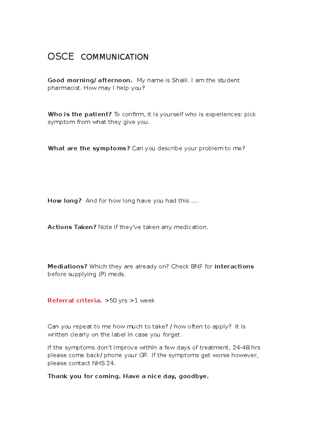 OSCE communication guide - OSCE COMMUNICATION Good morning/ afternoon ...