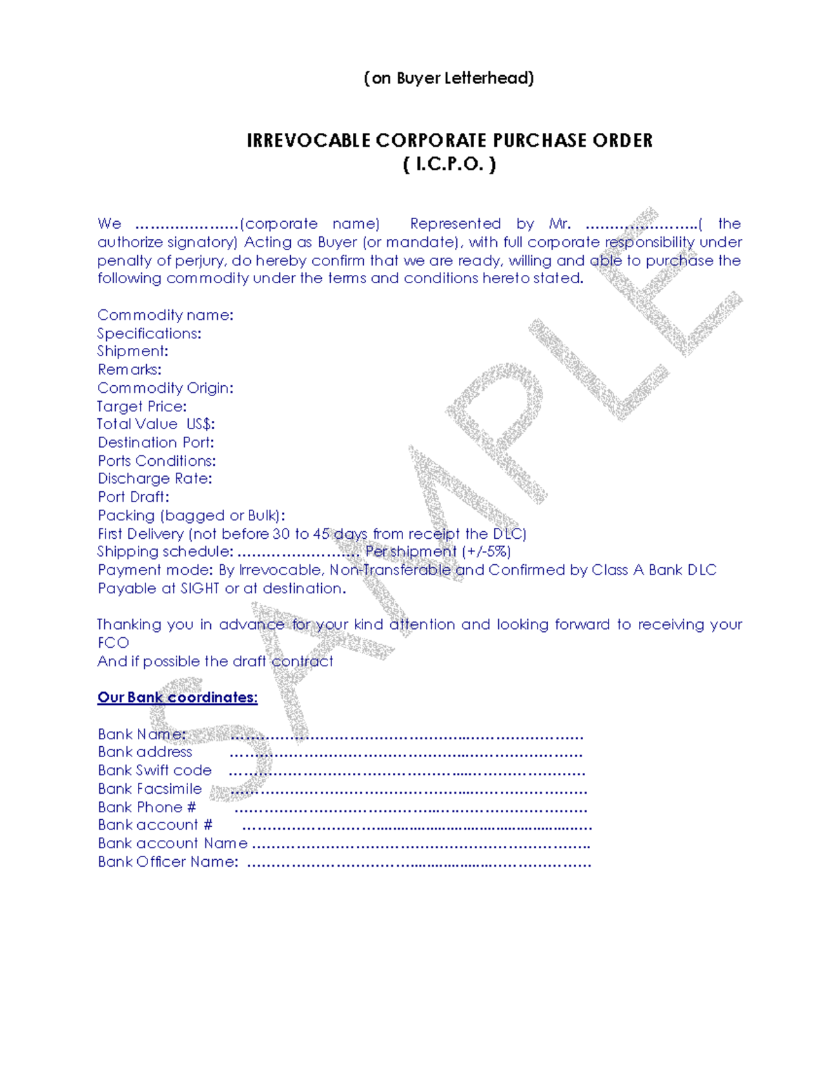ICPO Sample - Icpo contact - (on Buyer Letterhead) IRREVOCABLE ...