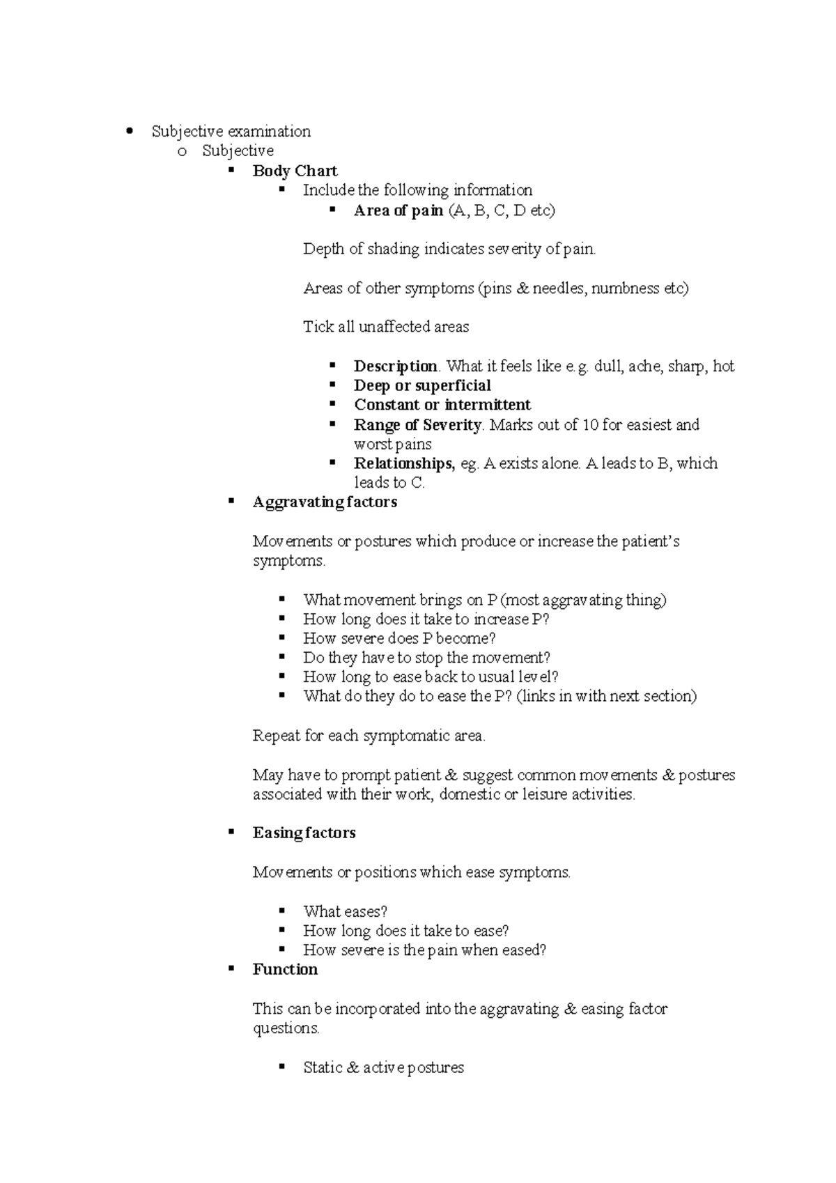 Subjective examination - Areas of other symptoms (pins & needles ...