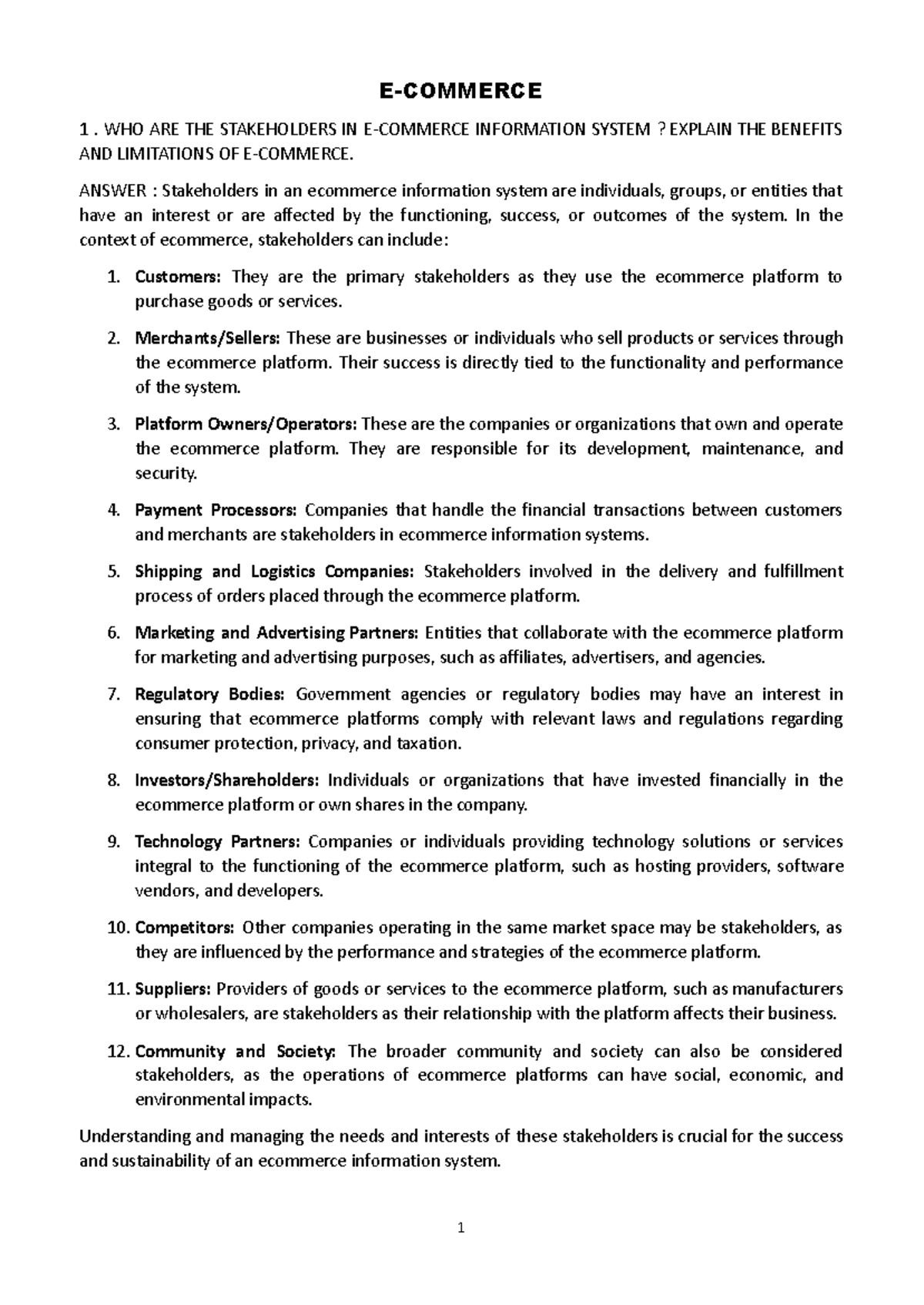 Ecommerce - E-COMMERCE 1. WHO ARE THE STAKEHOLDERS IN E-COMMERCE ...