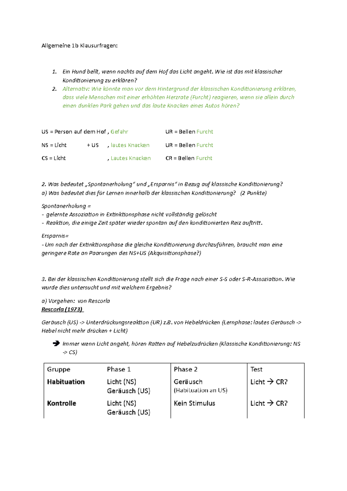 Klausur 24 September Sommersemester 2019, Fragen und Antworten - Allgemeine 1b Klausurfragen: 1 ...