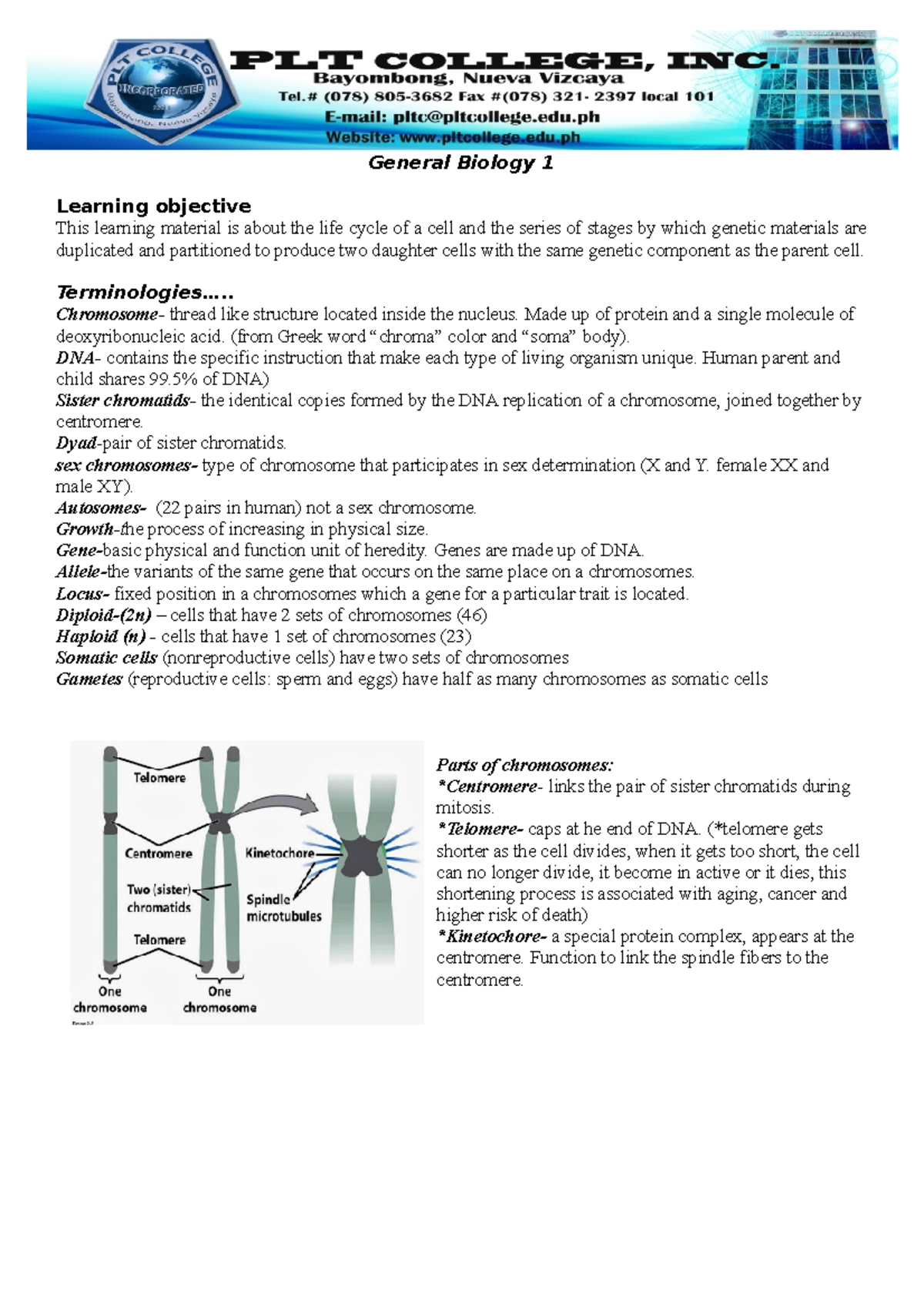 GEN BIO Module 2 CELL Cycle - General Biology 1 Learning objective This ...