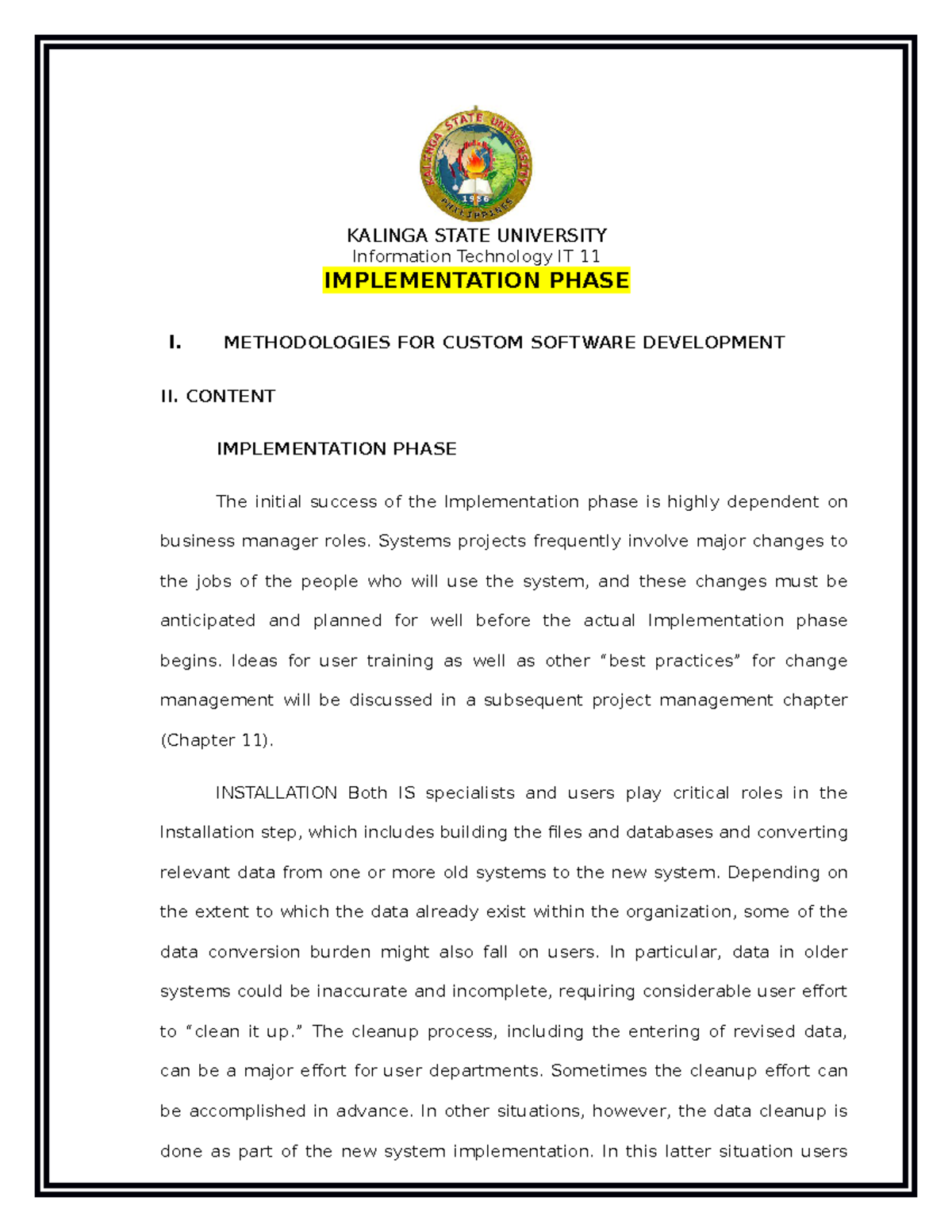 Implementation Phase - Information Technology IT Subject Detailed ...