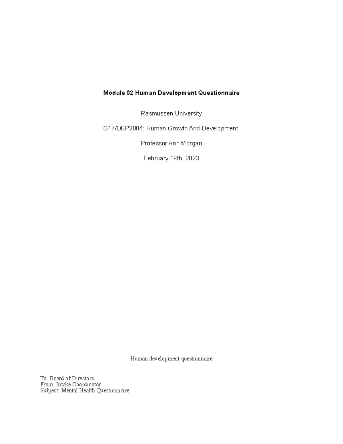 Human devlopment mdule 2 - Module 02 Human Development Questionnaire ...
