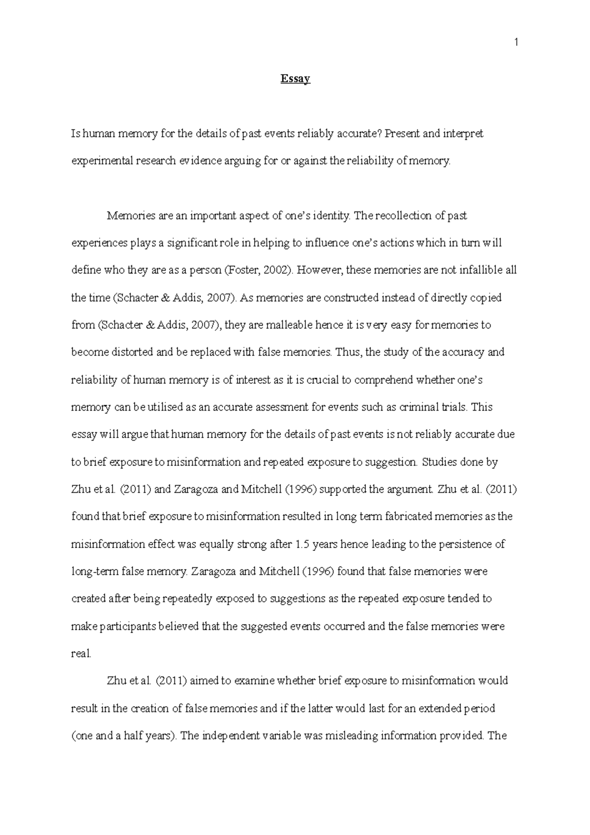 Essay - required to pass the course - Essay Is human memory for the ...