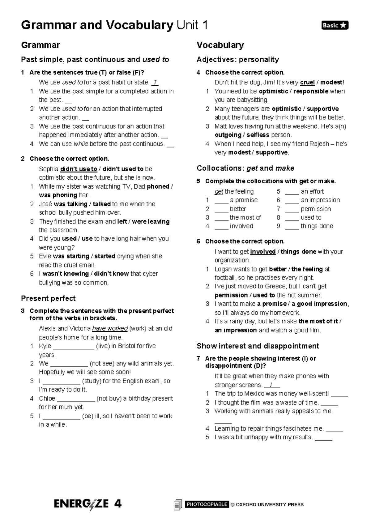 Energize 4 G&V Unit 1 Basic - Grammar and Vocabulary Unit 1 Grammar ...