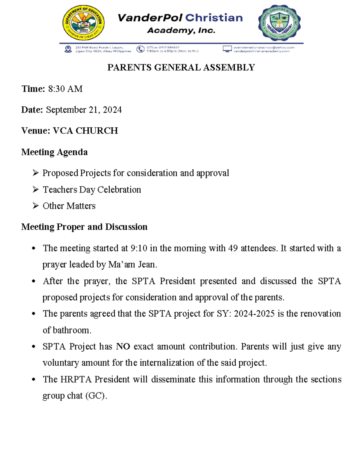 Parents- General- Assembly - PARENTS GENERAL ASSEMBLY Time: 8:30 AM ...