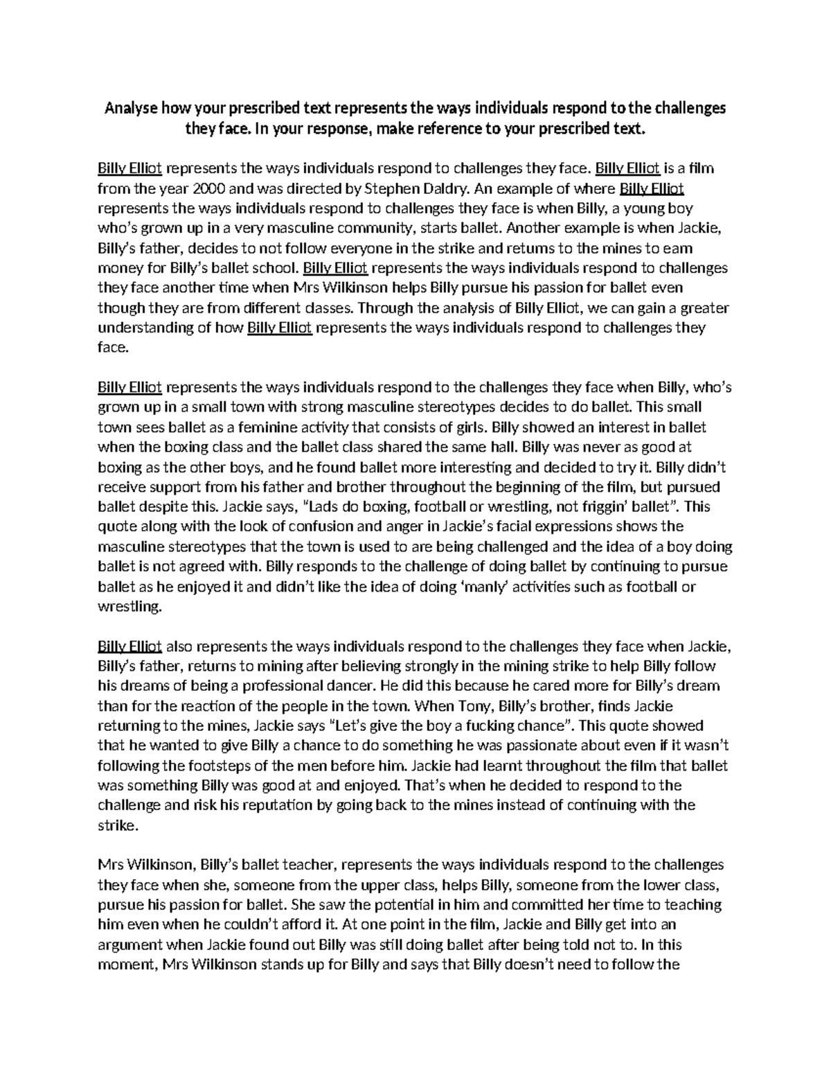 Billy Elliot - Tyler - notes - Analyse how your prescribed text ...