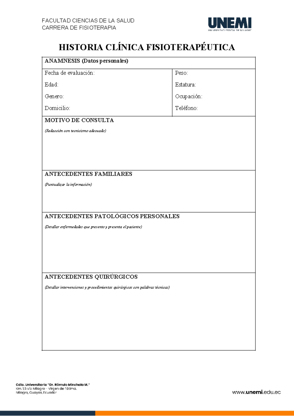 Historia Clinica Titulacion 2S-2024 - CARRERA DE FISIOTERAPIA HISTORIA CLÍNICA FISIOTERAPÉUTICA ...