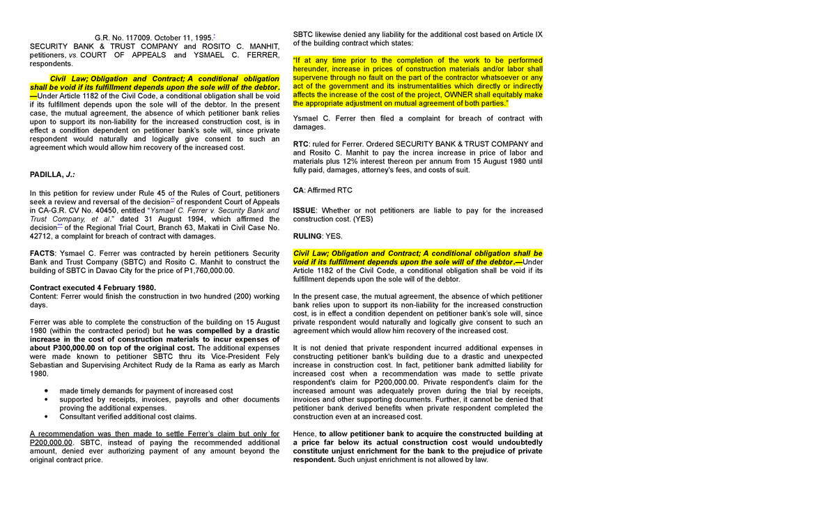 C1. Security Bank v CA - digest - G. No. 117009. October 11, 1995 ...