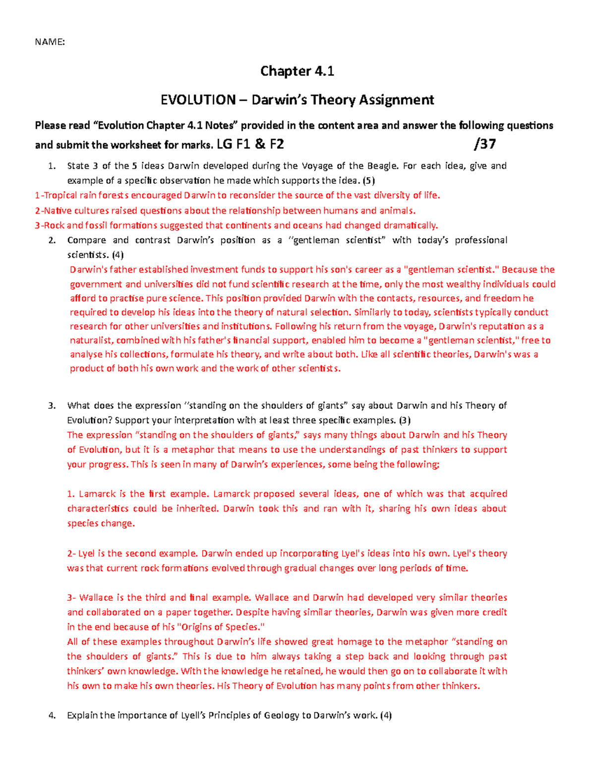 Darwin's+Theory+Assignment - NAME: Chapter 4. EVOLUTION – Darwin’s ...