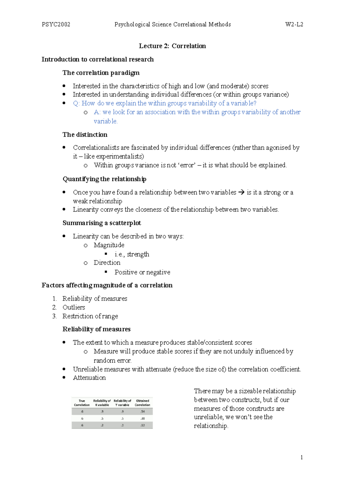 L2 Psyc2002 Lecture 2 Notes Lecture 2 Correlation Introduction To